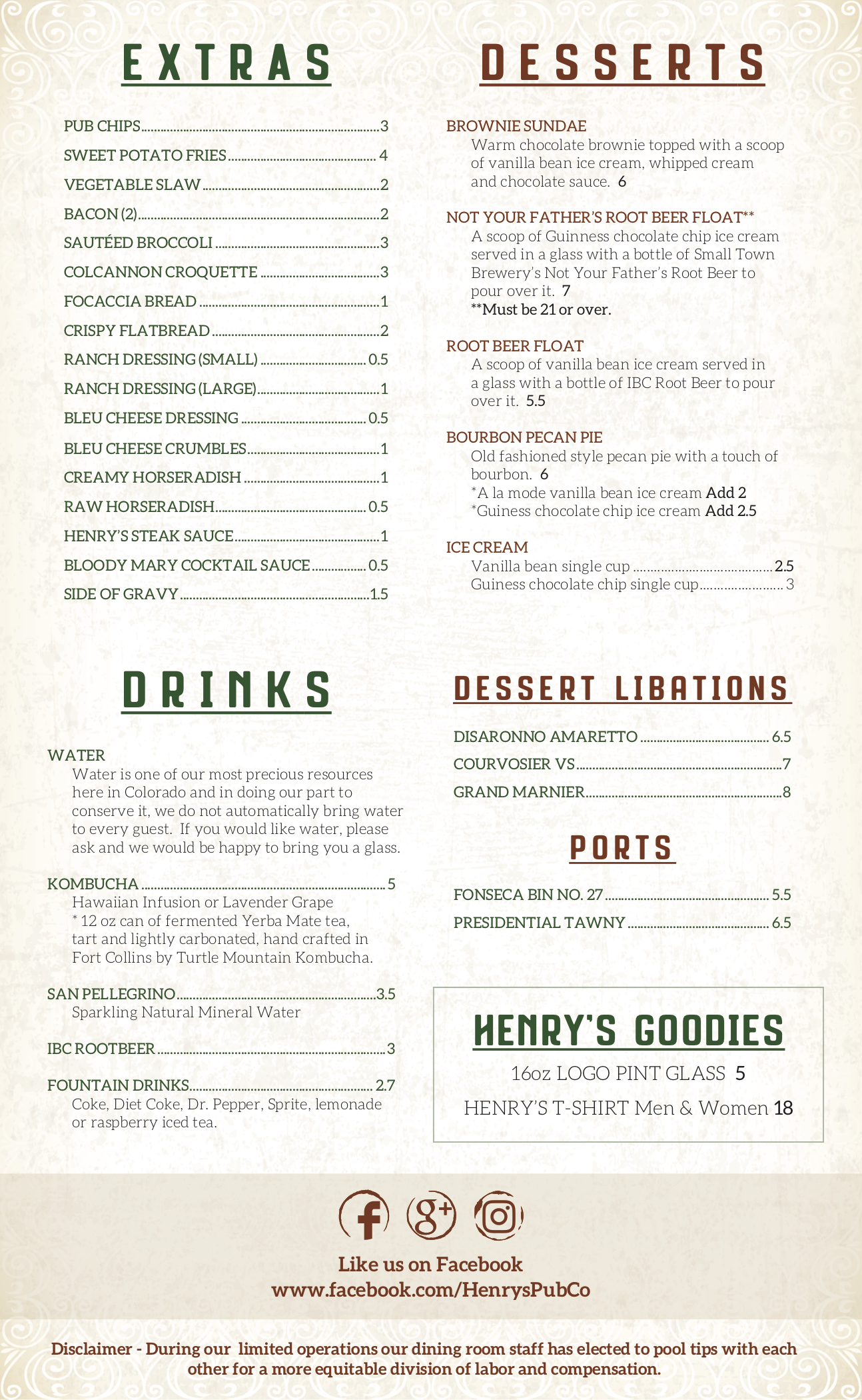 Menu | Henry's Pub