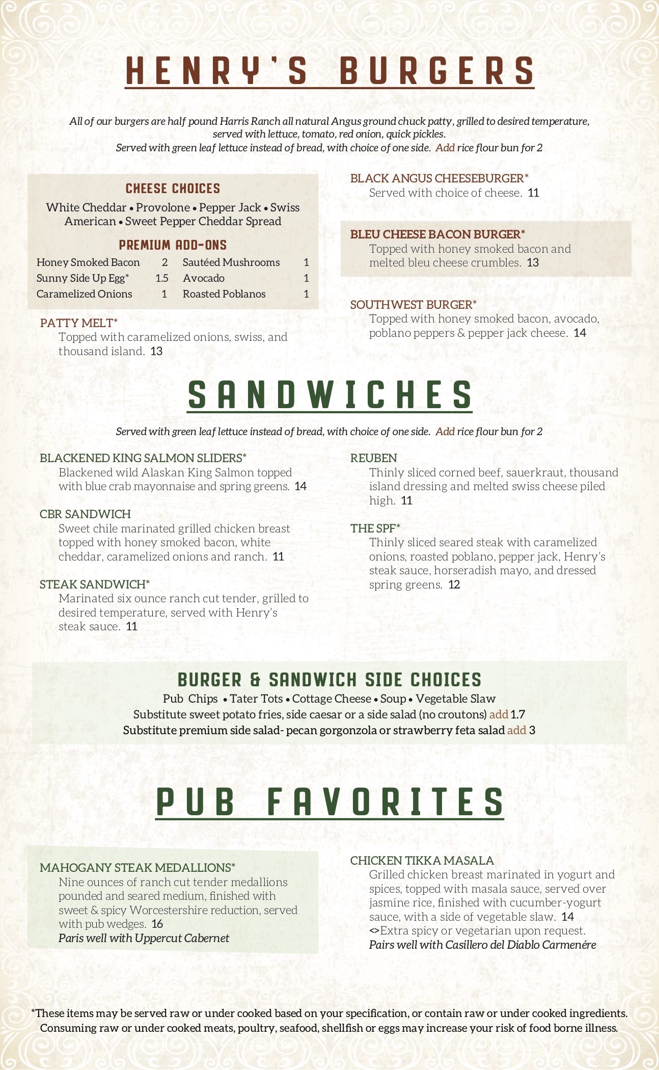 Gluten Free Menu | Henry's Pub