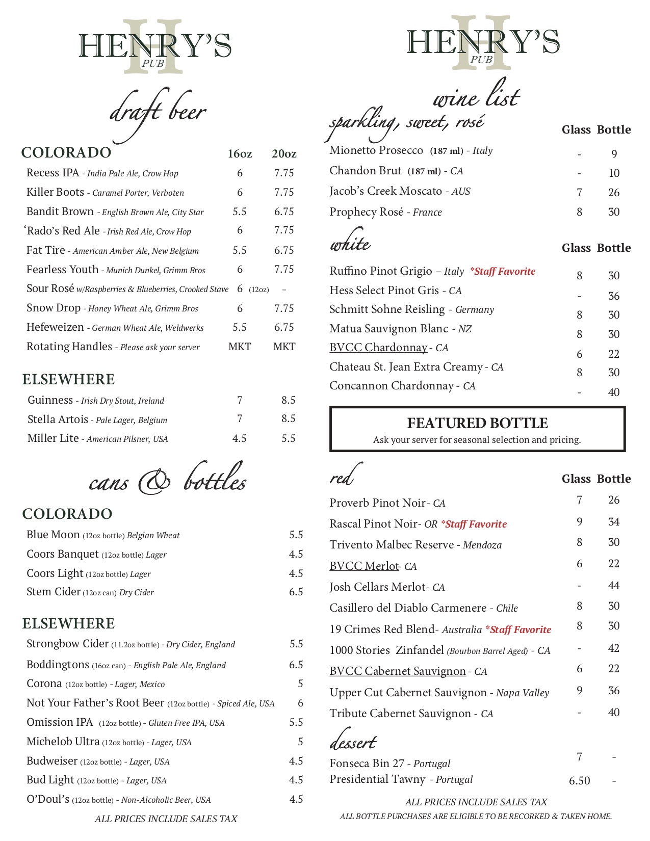 Menu | Henry's Pub