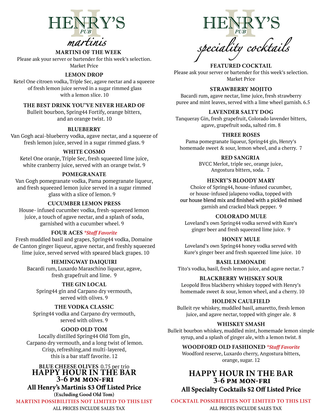 Menu | Henry's Pub
