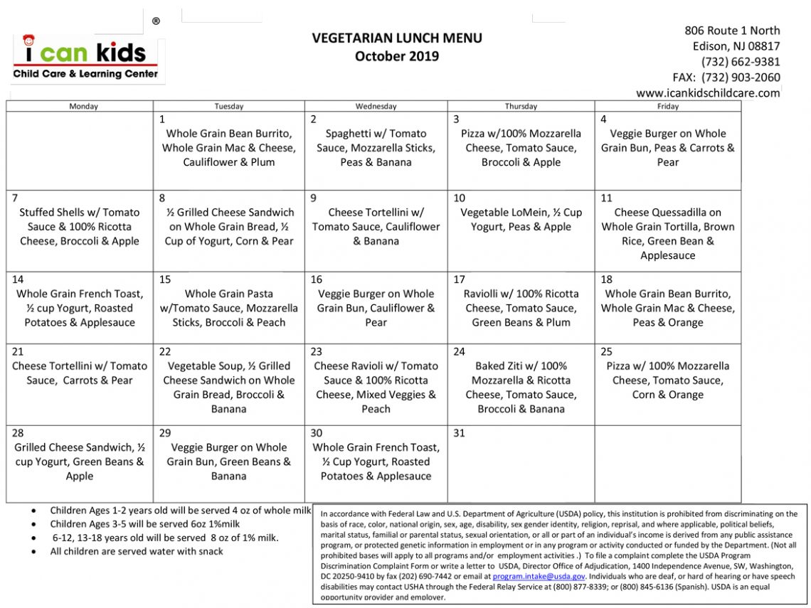 Vegetarian Lunch Menu I Can Child Care