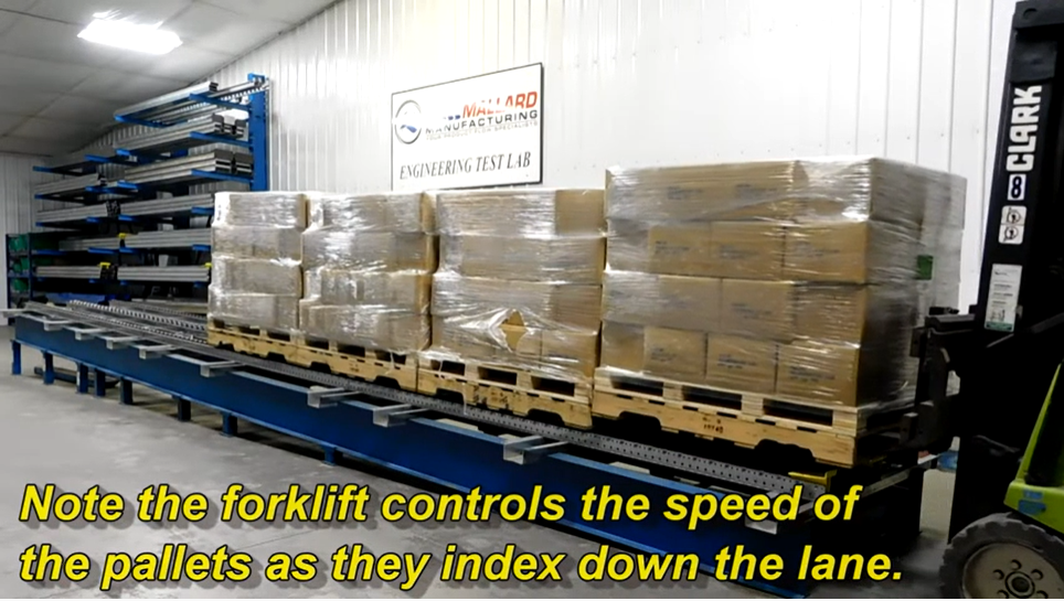 Push-Back Pallet Flow for Low Profile, Deep-Lane Pallet Storage